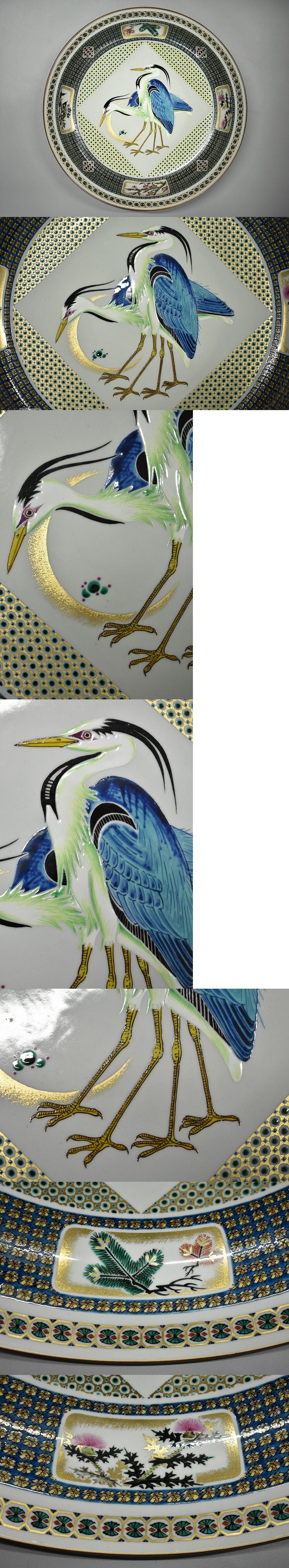 代購代標第一品牌－樂淘letao－竜E212 出展作品 九谷焼 武腰敏昭 文部大臣賞受賞記念作品 色絵九谷小紋鷺之図 44cm 飾皿 大皿 共箱
